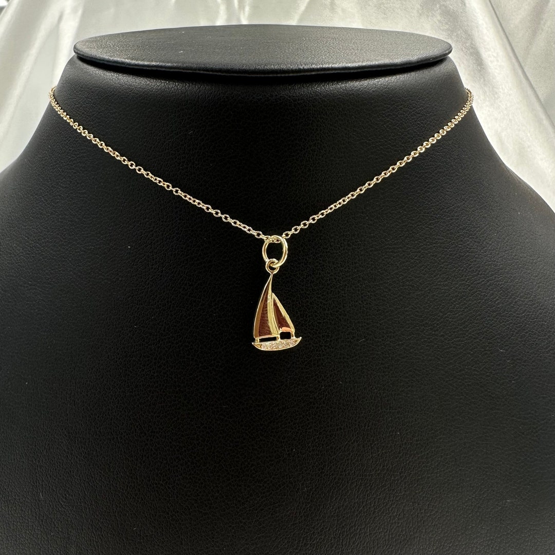 14k Yellow Gold Diamond Sailing Boat Charm, Nautical Jewelry - Etsy