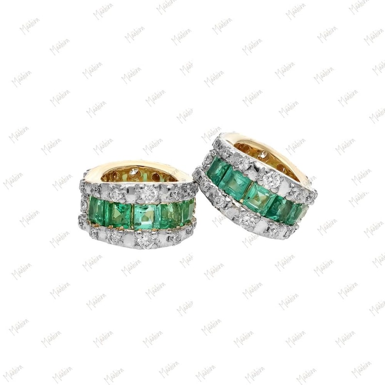 14K Yellow Gold Diamond Emerald Roundel Bead 4x8.50mm, Pandora Style ...
