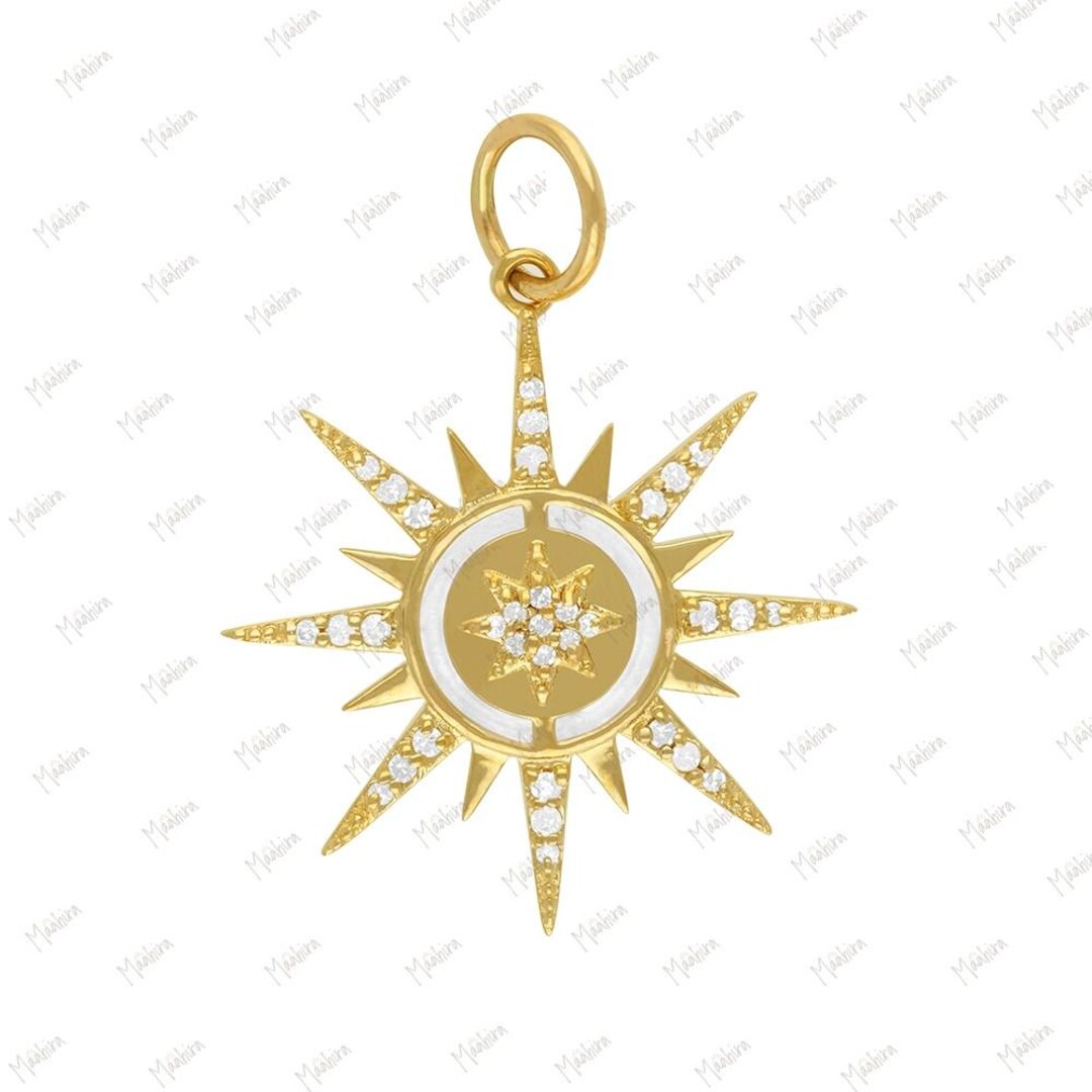 14k Yellow Gold Diamond Star Pendant of White Enamel 21mm, Star Pendant ...