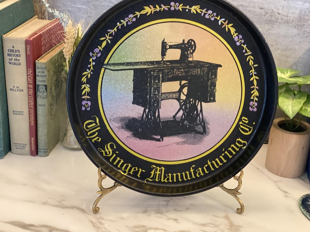 Vintage Metal Tray With Singer Sewing Machine | Stain Glass Image on ...