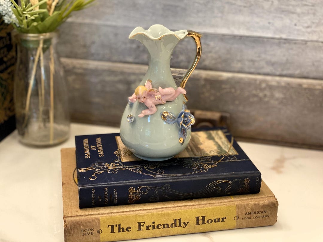 Vintage Porcelain Cherub Pitcher With Gold Gilt & Blue Flowers | Cupid ...