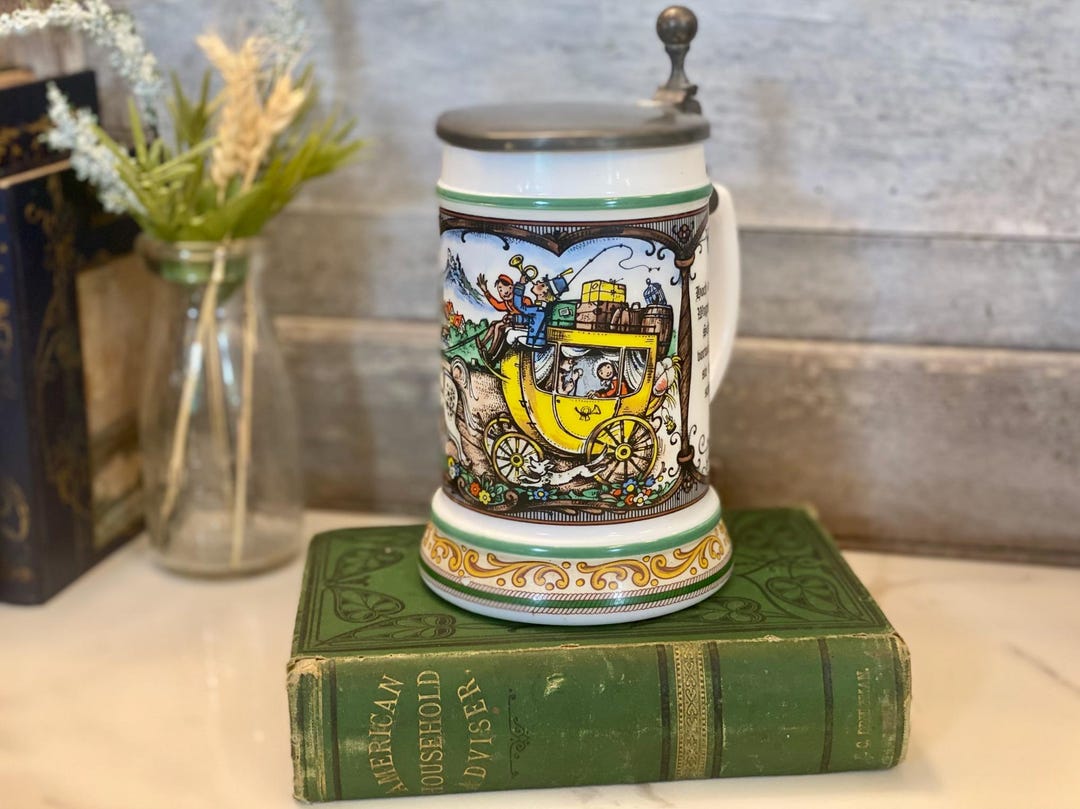 Vintage BMF Milk Glass Beer Stein: German Postillion Coach Pewter Lid ...