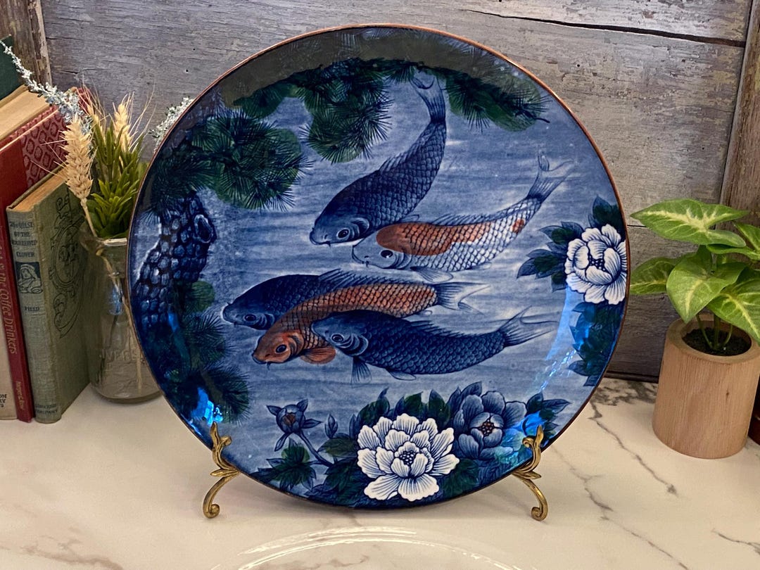 Vintage Japanese Made Koi Fish Serving Bowl | Large Shallow Fish and ...