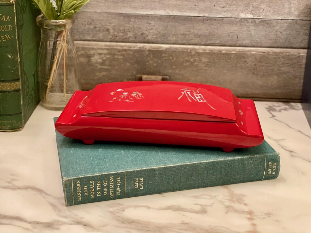 Vintage Red Lacquer Scholar Box | Mother of Pearl Inlay | Asian ...
