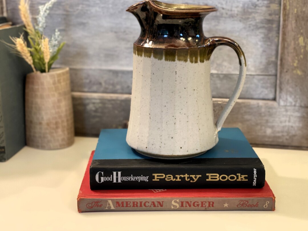 Hand Made Stoneware Brown and Beige Drip Glaze Pitcher | Pottery Ribbed ...