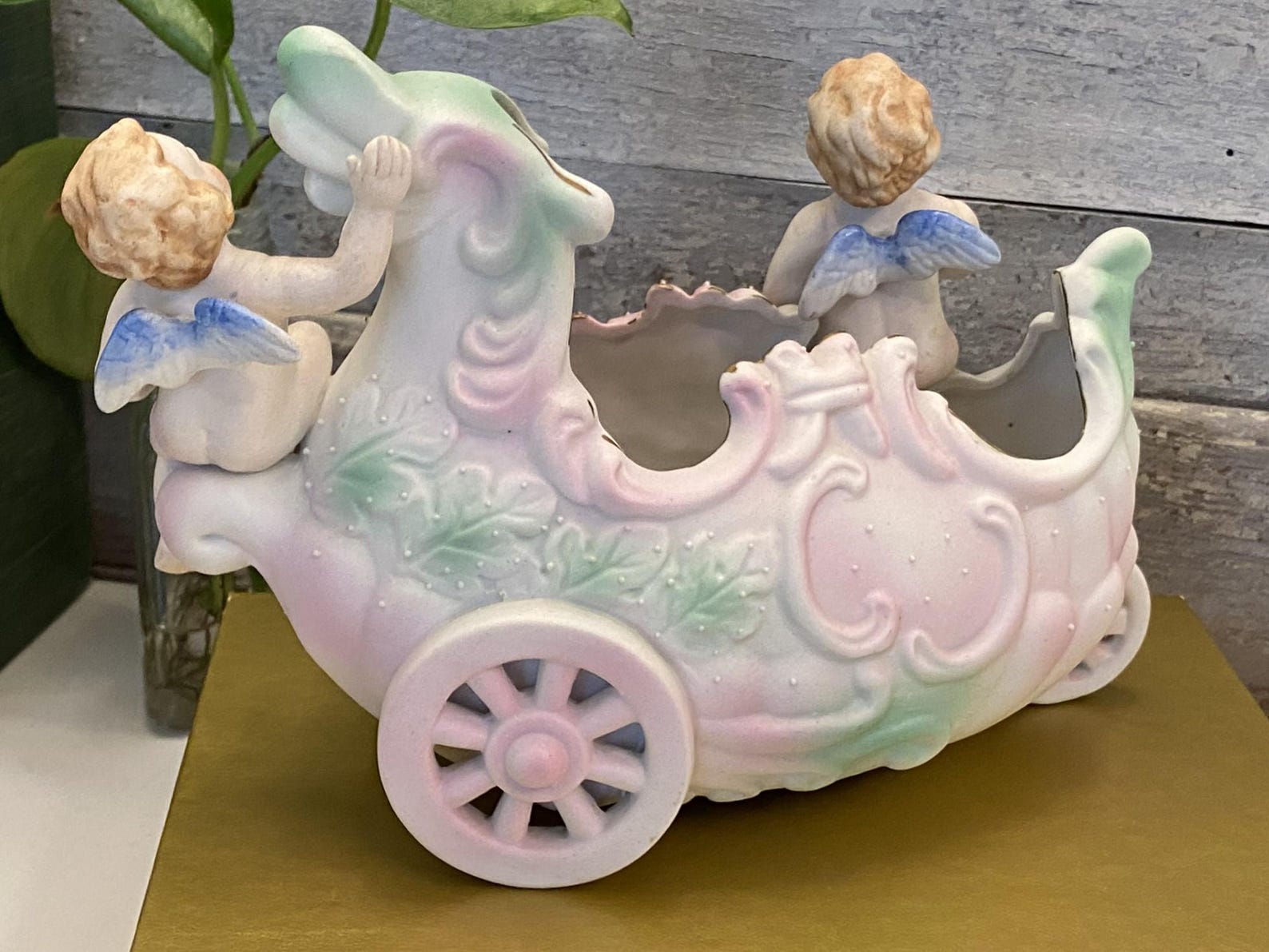 Vintage Cherub Pink and Green Planter | Made in Japan Cherub and Cart ...
