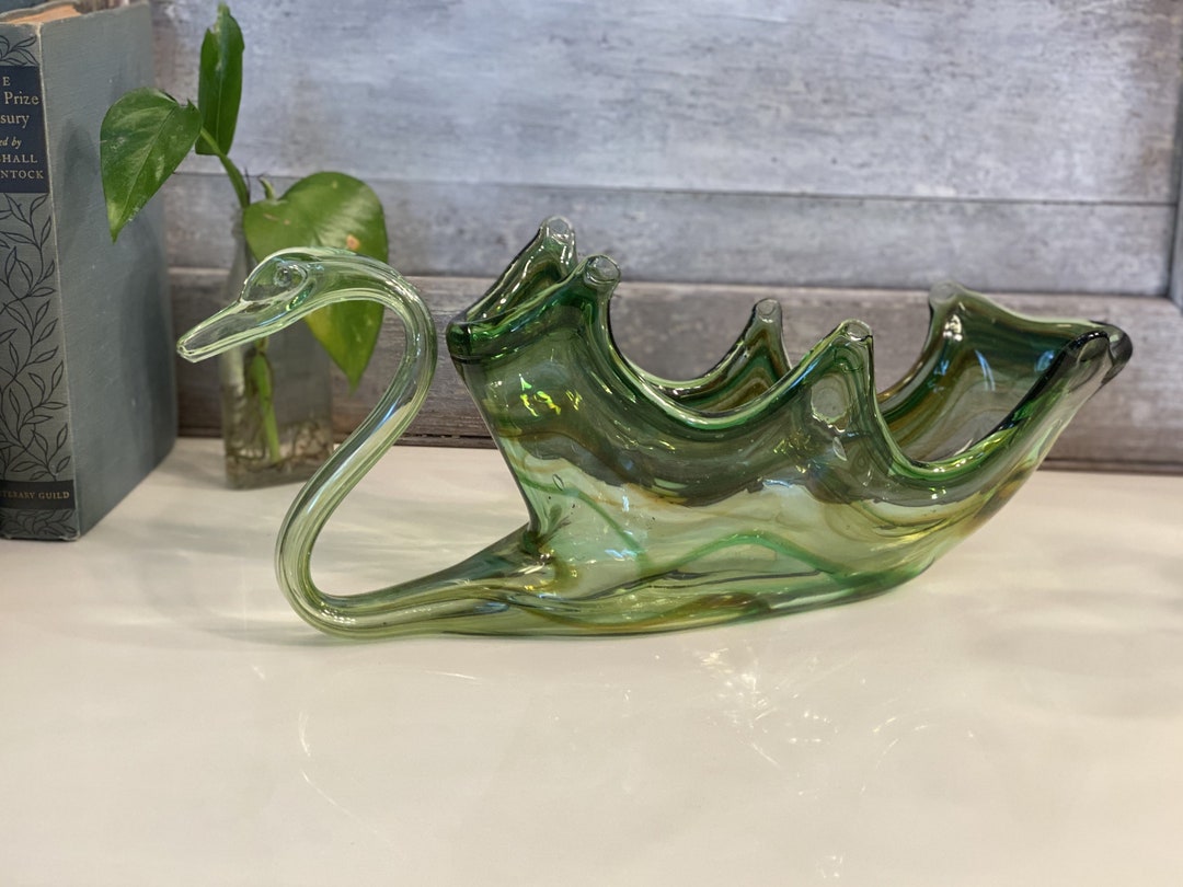 Vintage MCM Hand Blown Sooner Glass Large Green Swan | Elegant Swirled ...