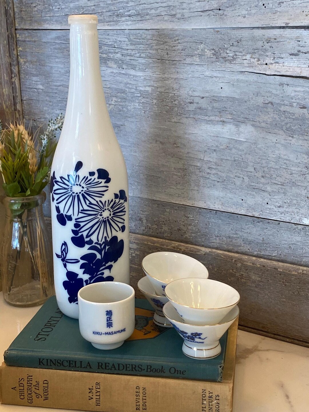 Vintage Sake Kiku Masamune Set Blue and White Japanese Sake Decanter ...