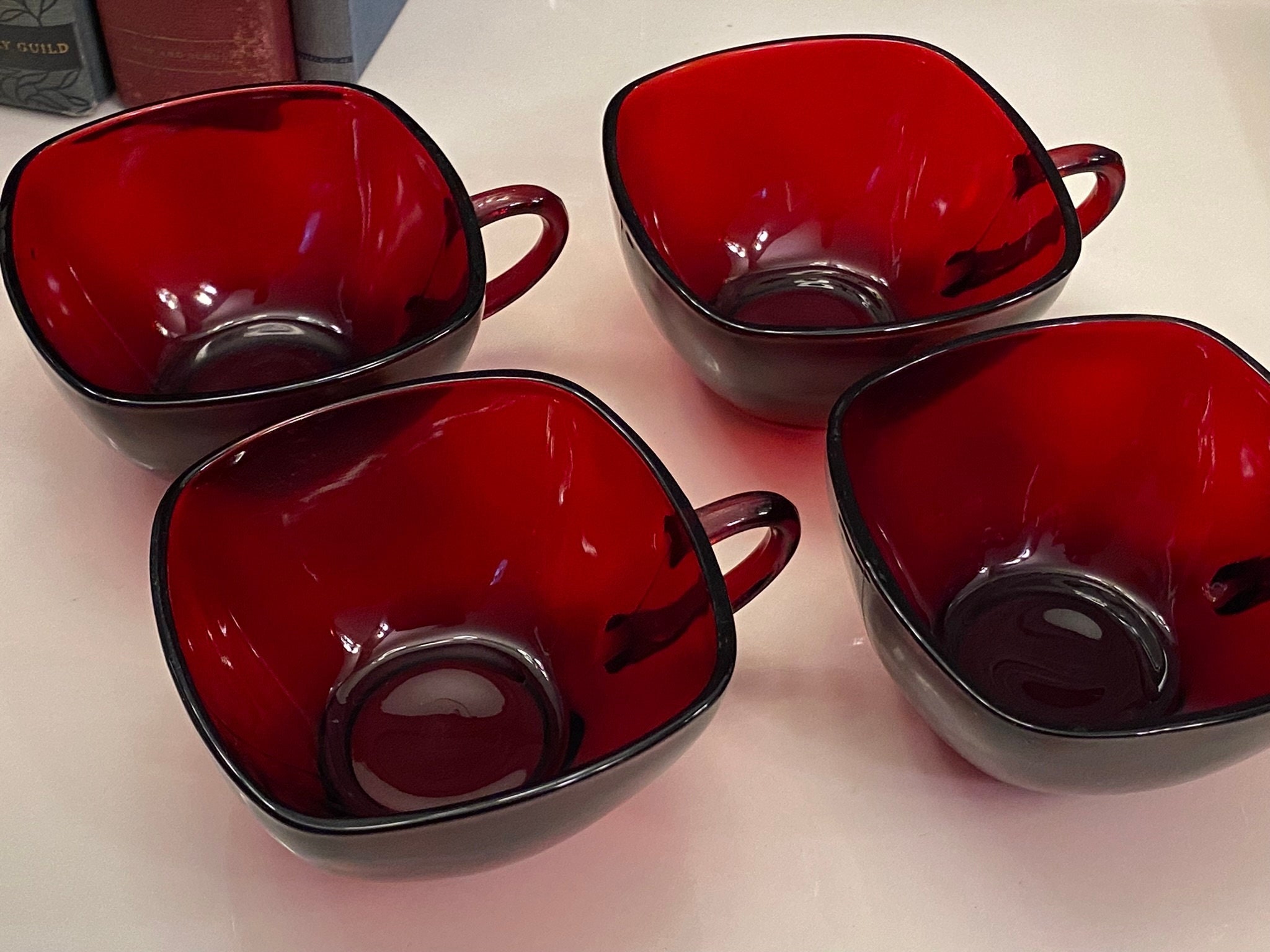 Set of 4 Vintage Square Ruby Red Glass Cups Charm Ruby - Etsy