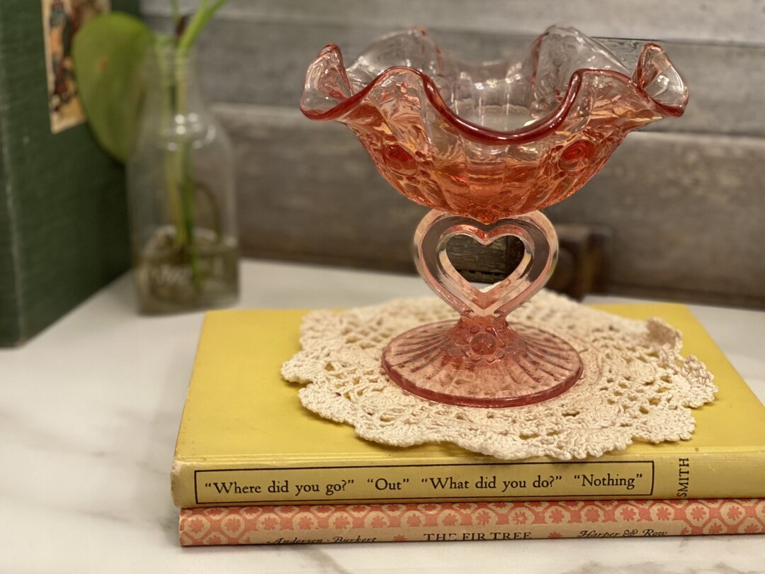 Vintage Fenton Petal Pink Compote With Heart Stem | Open Pink Ruffled ...