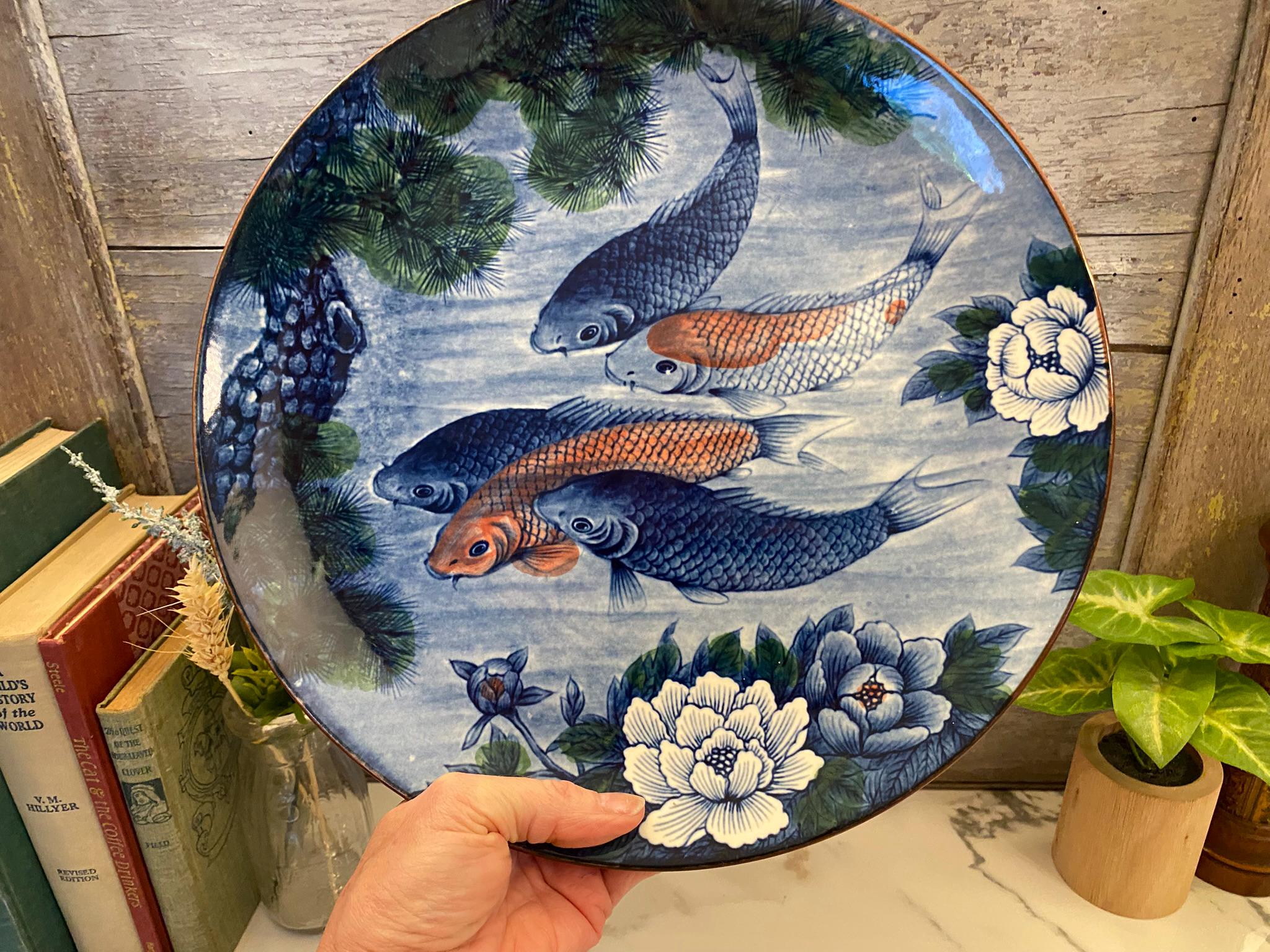Vintage Japanese Made Koi Fish Serving Bowl | Large Shallow Fish and ...