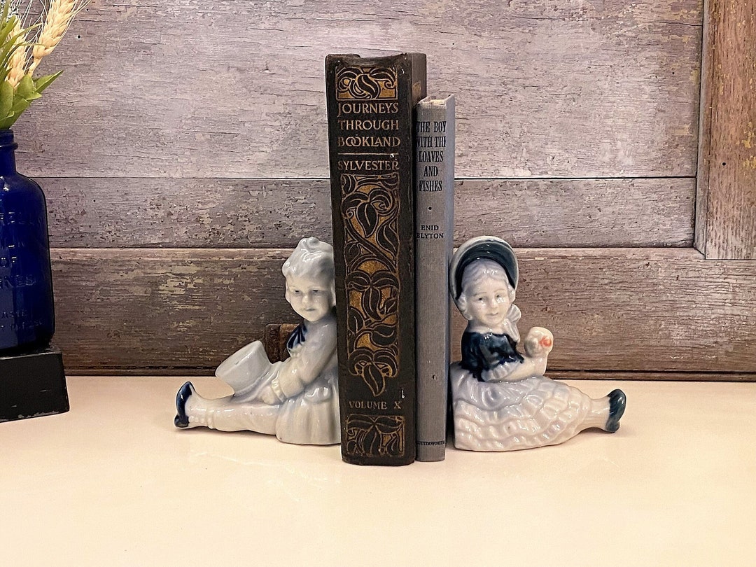 Vintage Boy and Girl Seated Bookends | Hand Painted Blue and White ...