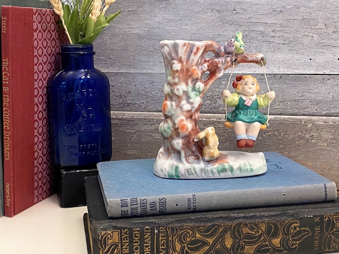 Vintage Bud Vase With Girl in Swing | Child Swinging Spill Vase | Child ...