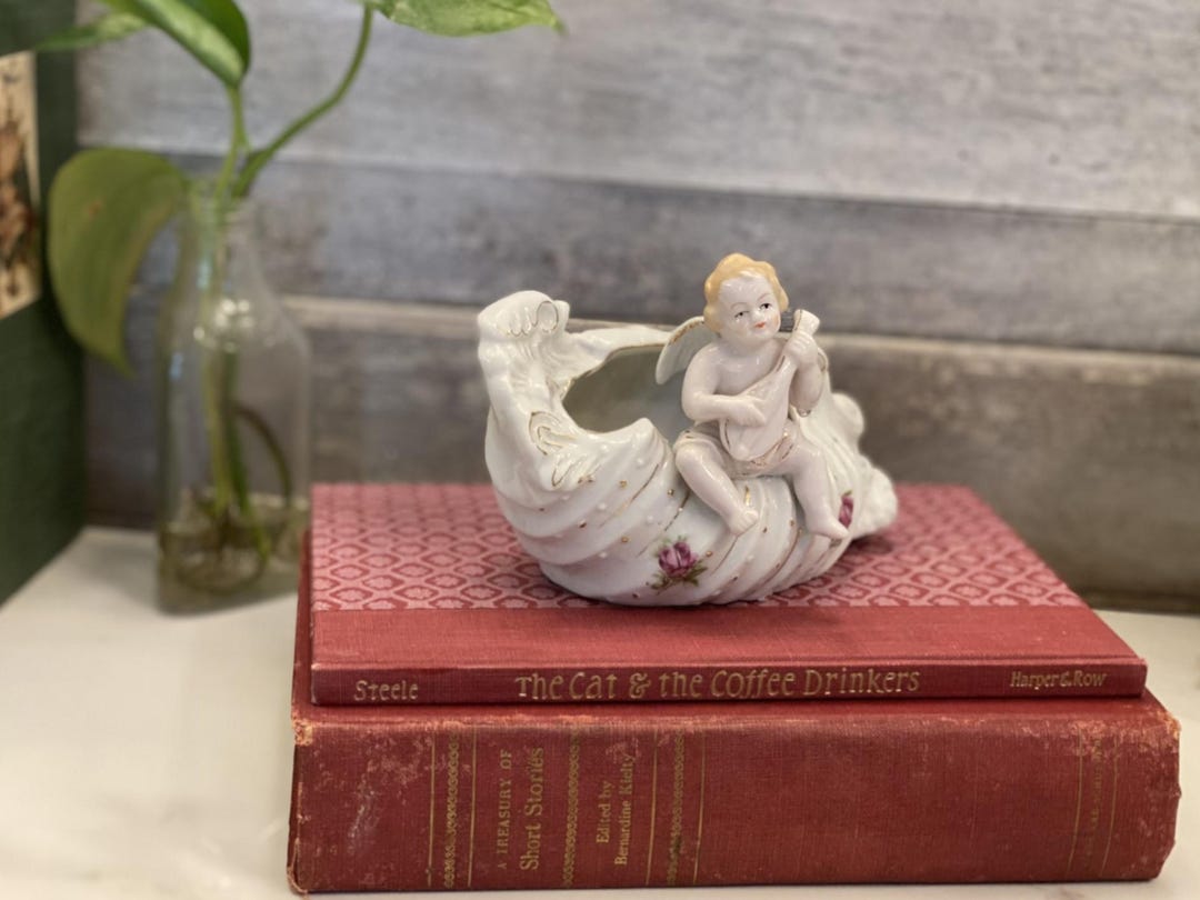 Vintage Musical Cherub Perched on Shell Planter | Small Indoor Cherub ...