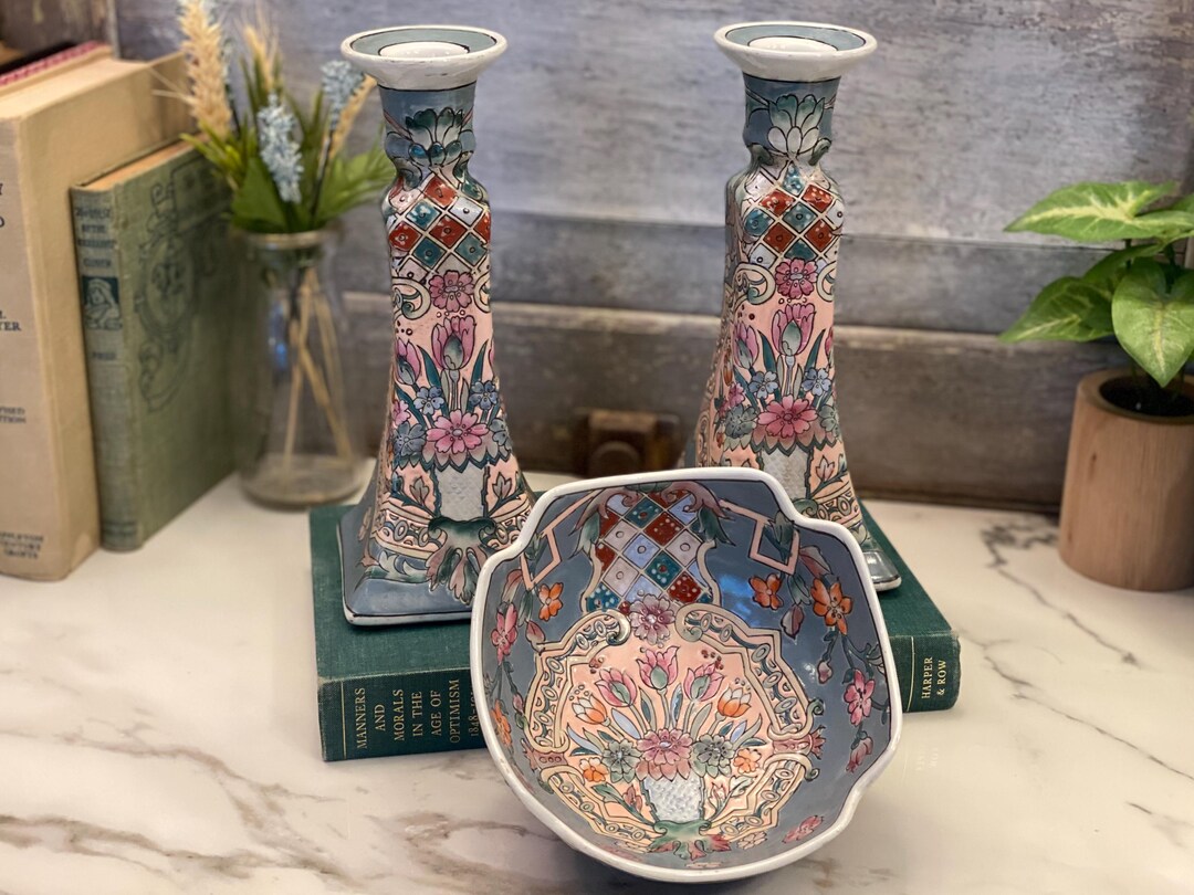 Vintage Oriental Candlestick Holders and Matching Bowl | Blue and Peach ...
