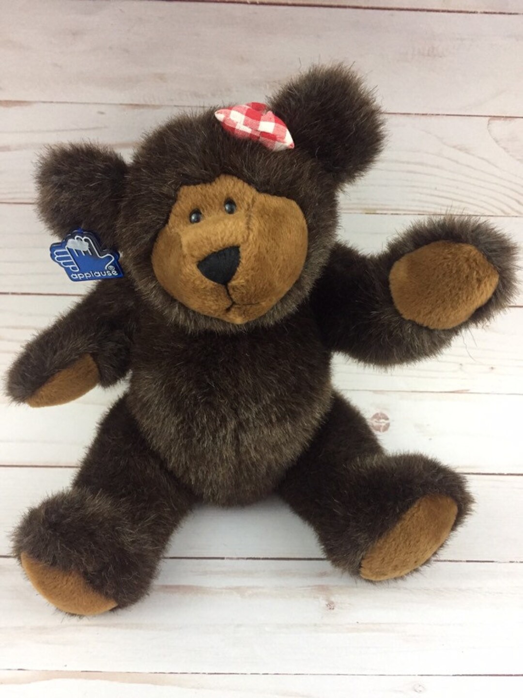 12” Vintage APPLAUSE Chocolate Brown Jointed TEDDY BEAR Stuffed Plush ...