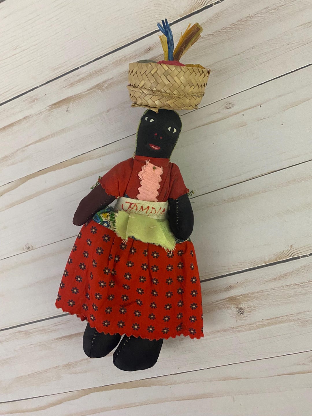 Vintage Jamaican Black Rag Doll Souvenir Woman Basket Cloth Folk Art ...