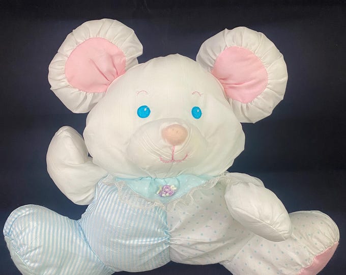 Fisher Price Puffalump Mouse With Rattle Pink Bib Blue Stripes Vintage ...