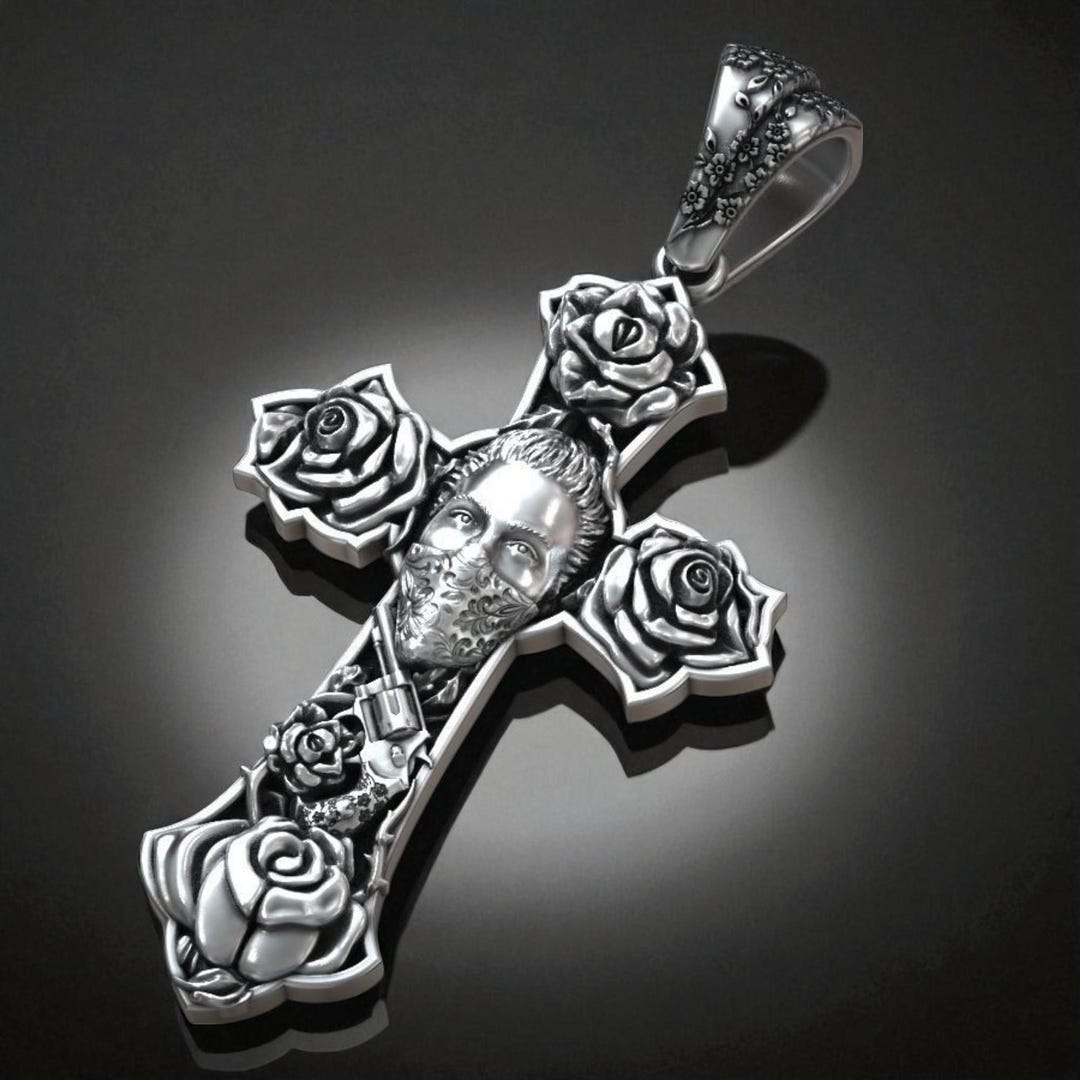 Chicano Tattoo Cross Pendant,masked Woman With Roses,skull and Revolver ...