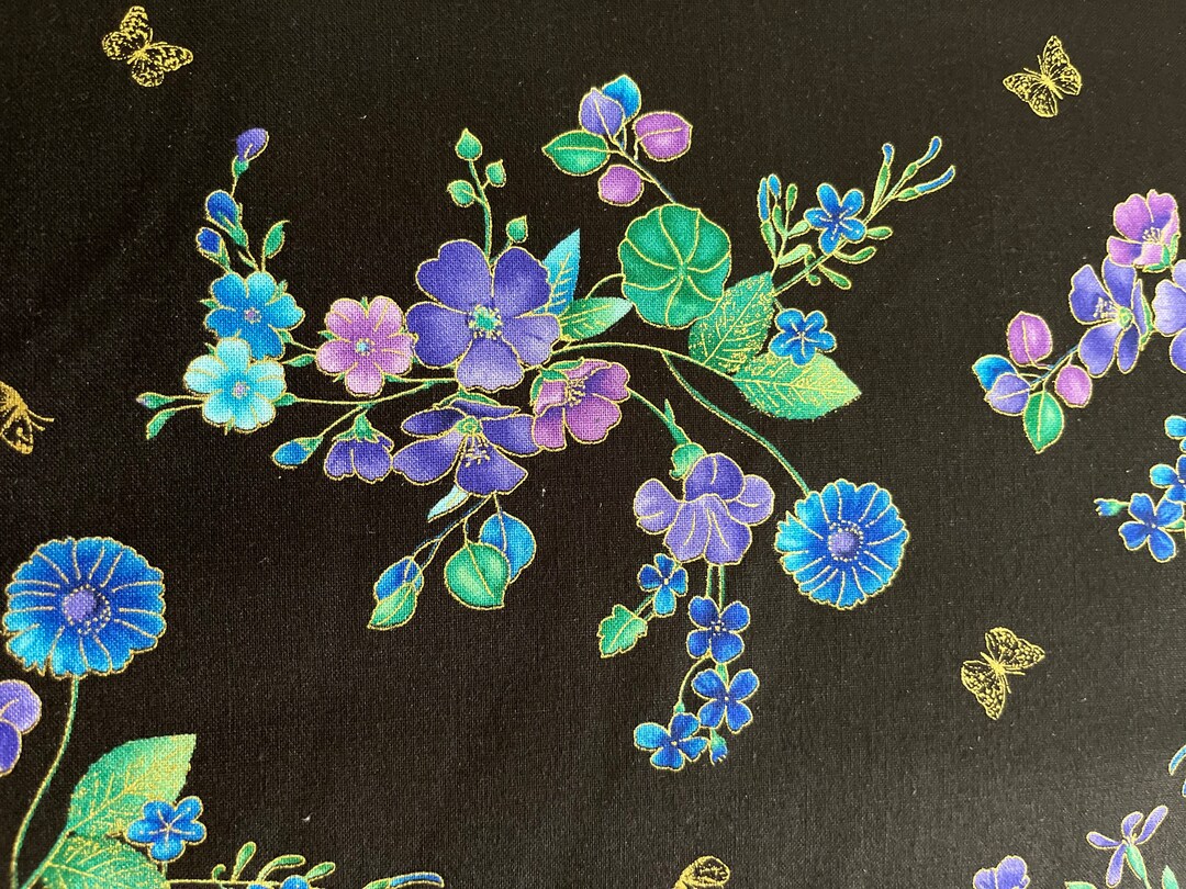 Timeless Treasures - Utopia - Small Tossed Metallic Blue Florals Fabric ...