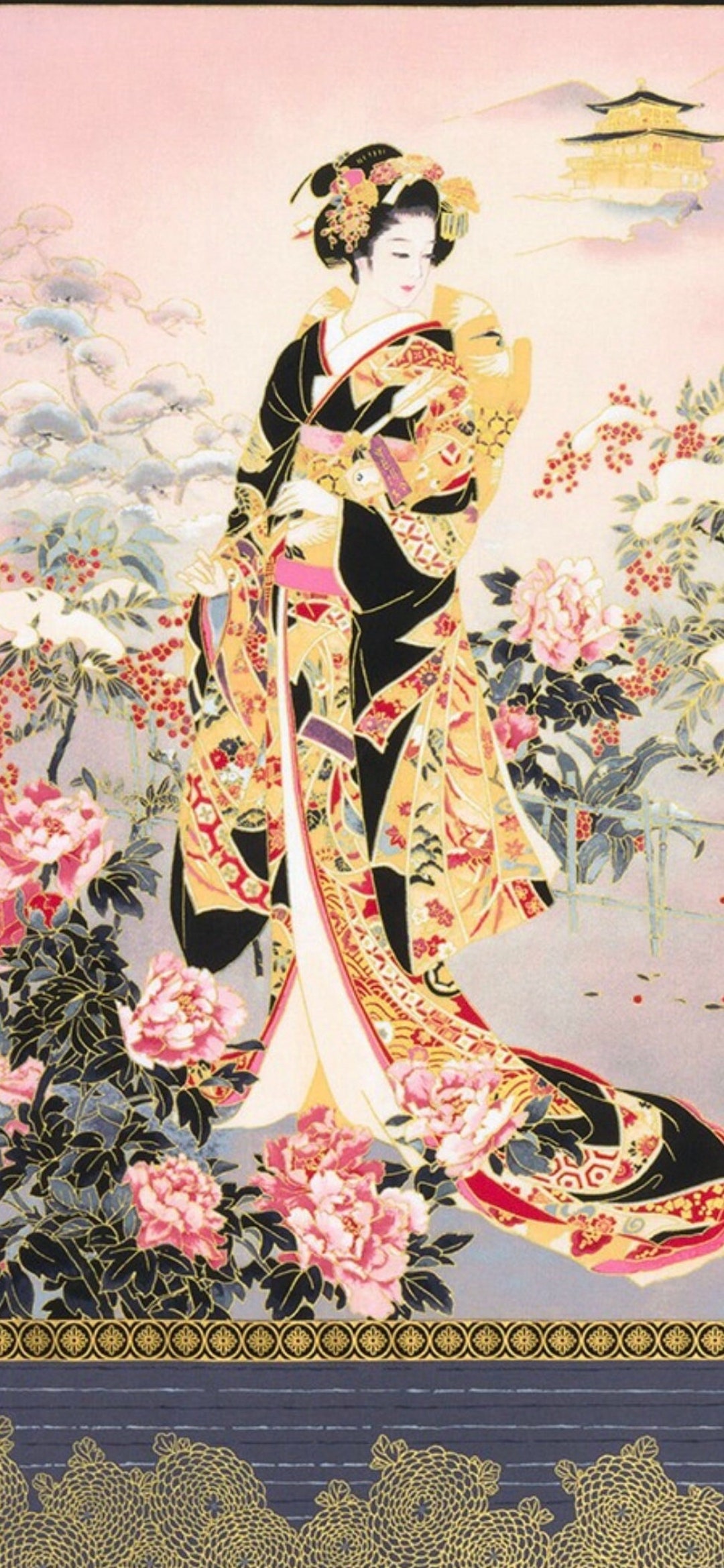 Timeless Treasures Geisha Fabric Asian Fabric Geisha Panel Camellia W ...