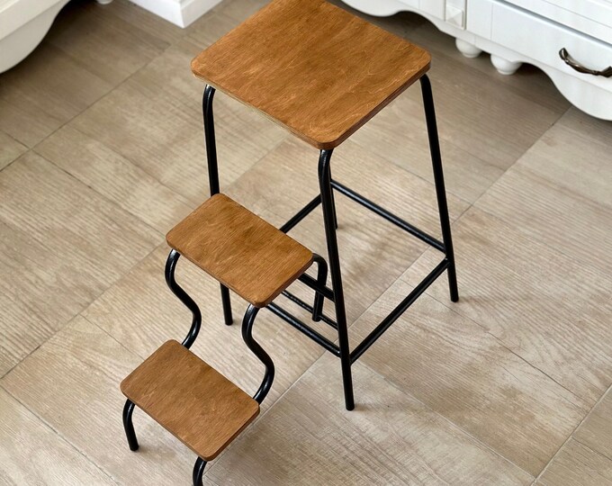 Folding Step Ladder, Wooden Step Stool Chair, Walnut Color Stepladder ...