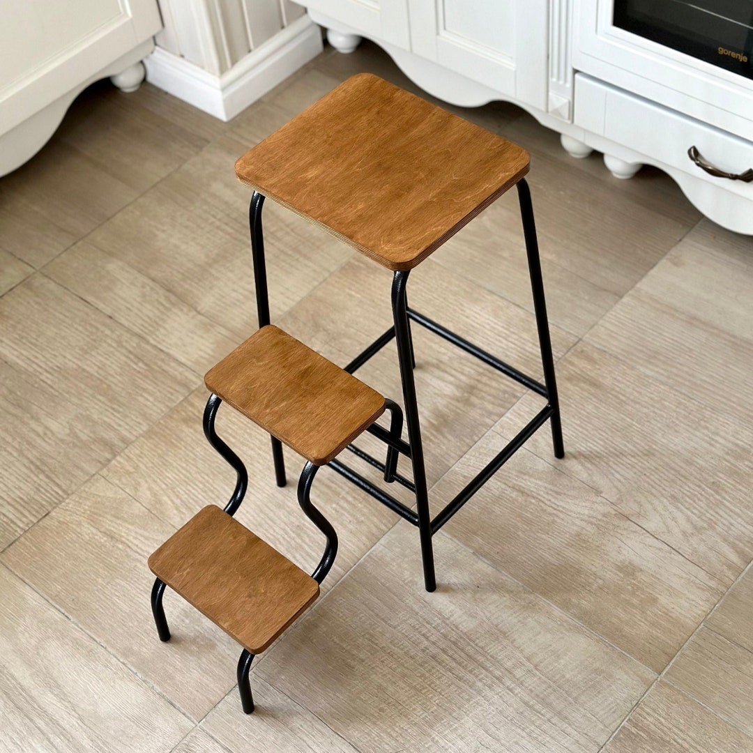 Folding Step Ladder, Wooden Step Stool Chair, Walnut Color Stepladder ...