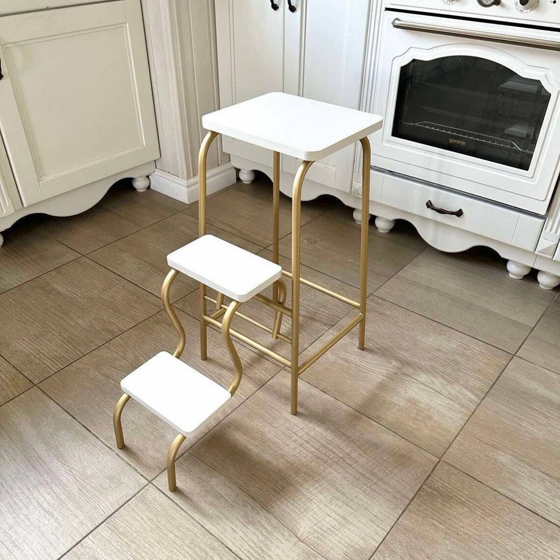 Step Ladder With Brass Color Legs, White Step Stool Adult, Library ...