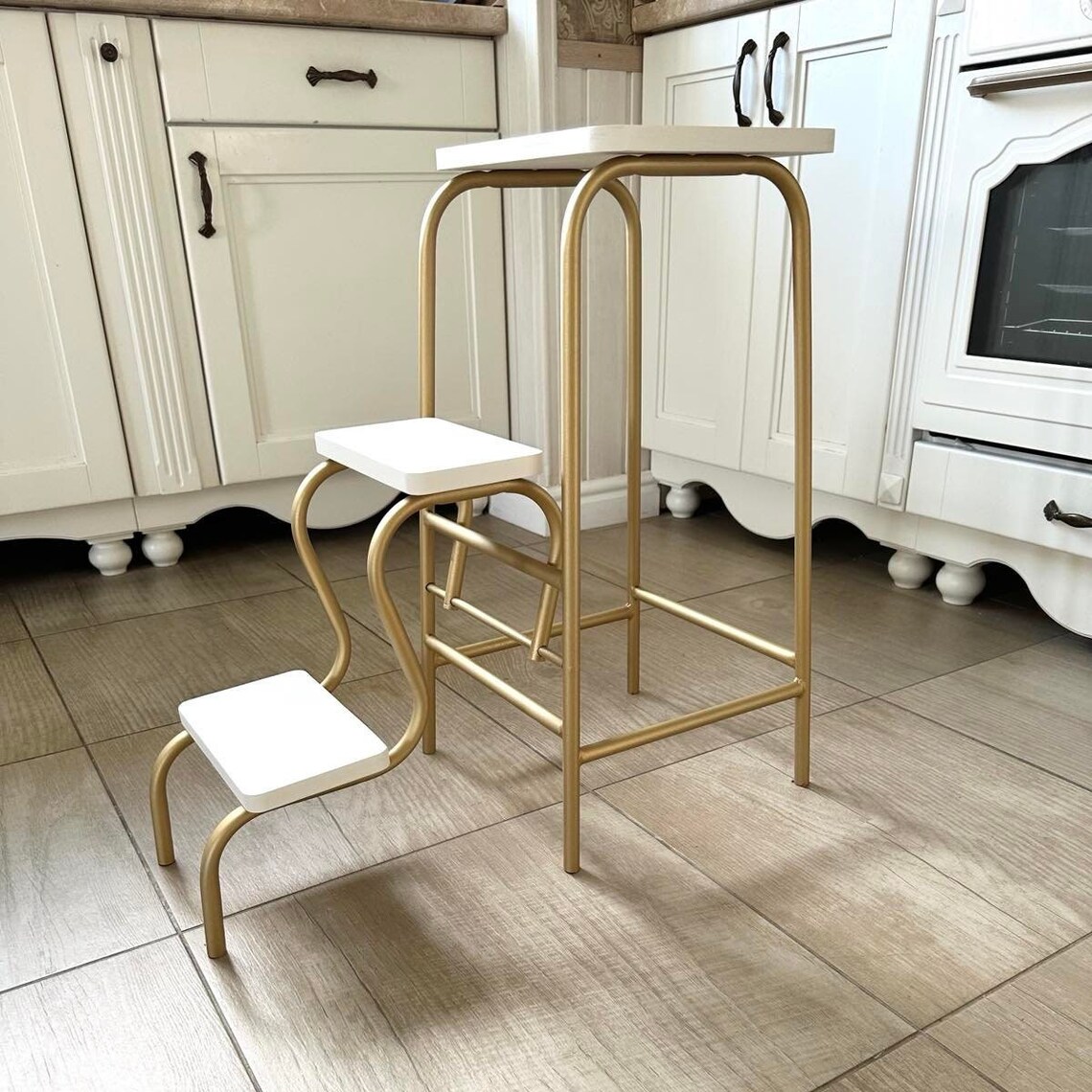 Step Ladder With Brass Color Legs, White Step Stool Adult, Library ...