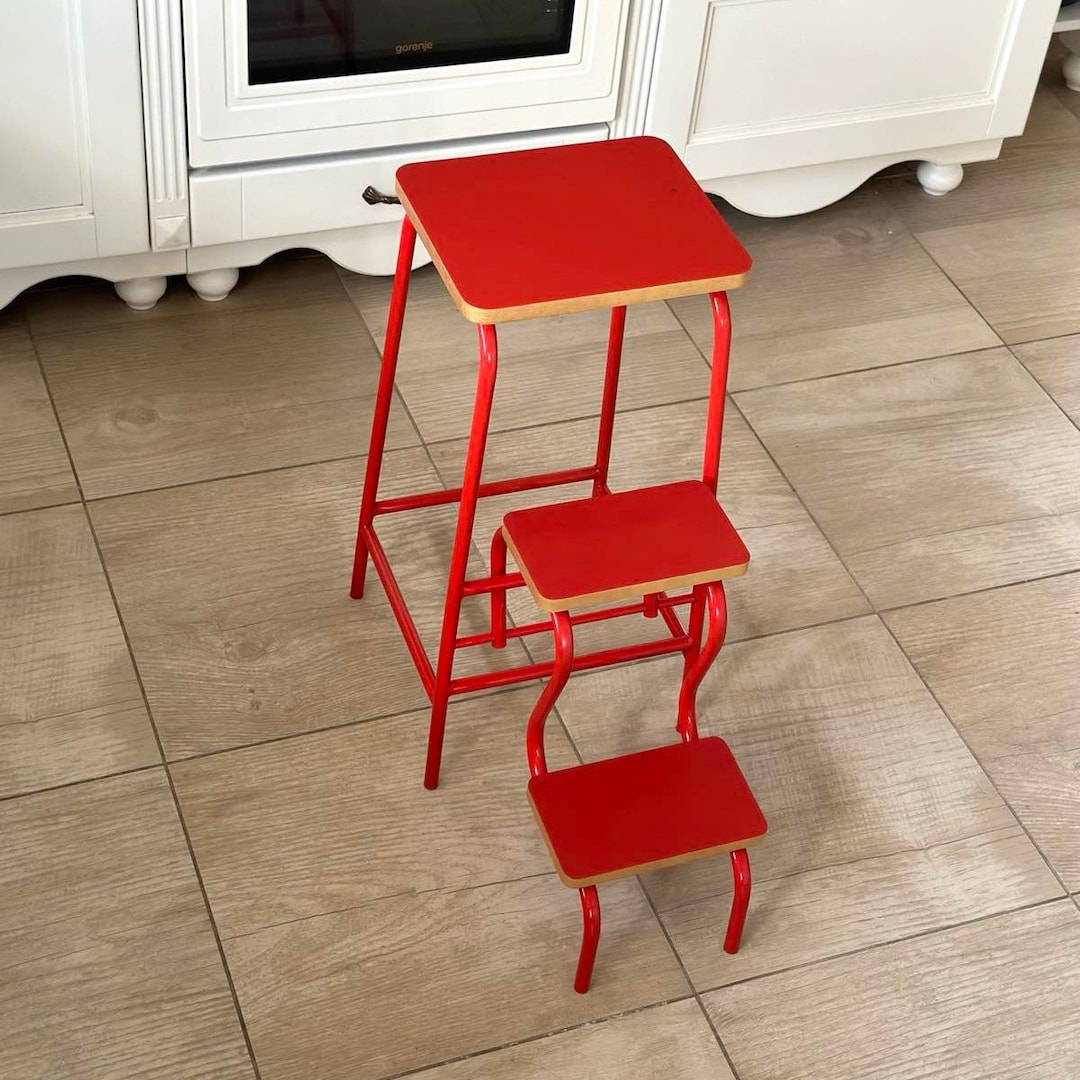 Fold Out Step Stool Adult Metal and Wood, 3 Step Ladder, Library Steps ...