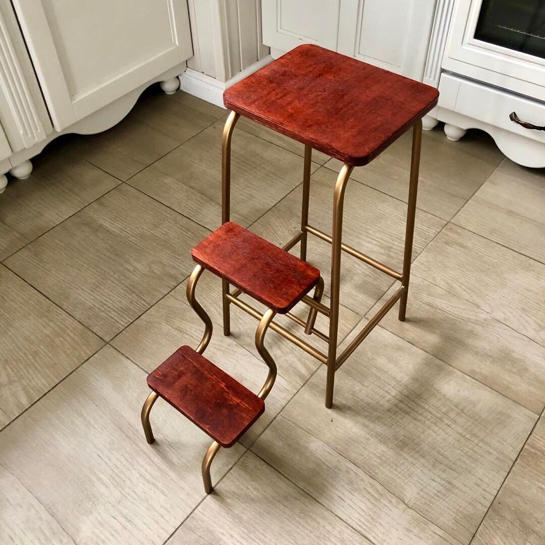 Mahogany Color Step Stool Adult. Kitchen Step Ladder Folding. Library ...