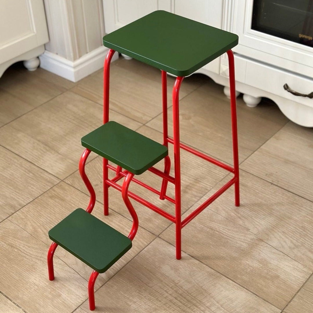 Kitchen Step Stool Adult, Wooden Step Ladder, Green Library Stairs ...