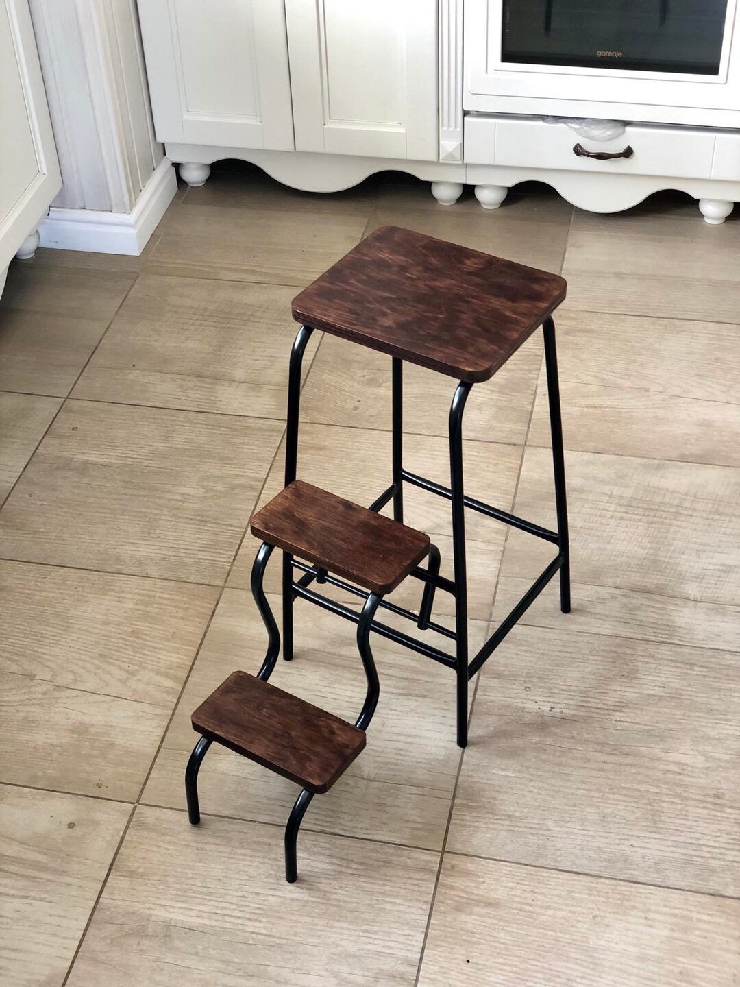 Folding Step Stool Adult. Walnut Color Stool. Library Ladder. Bar ...