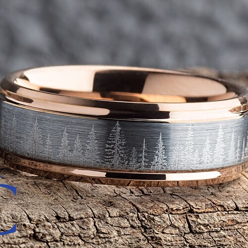 Forest Wedding Ring Rose Gold Tungsten Pine Tree Forest - Etsy