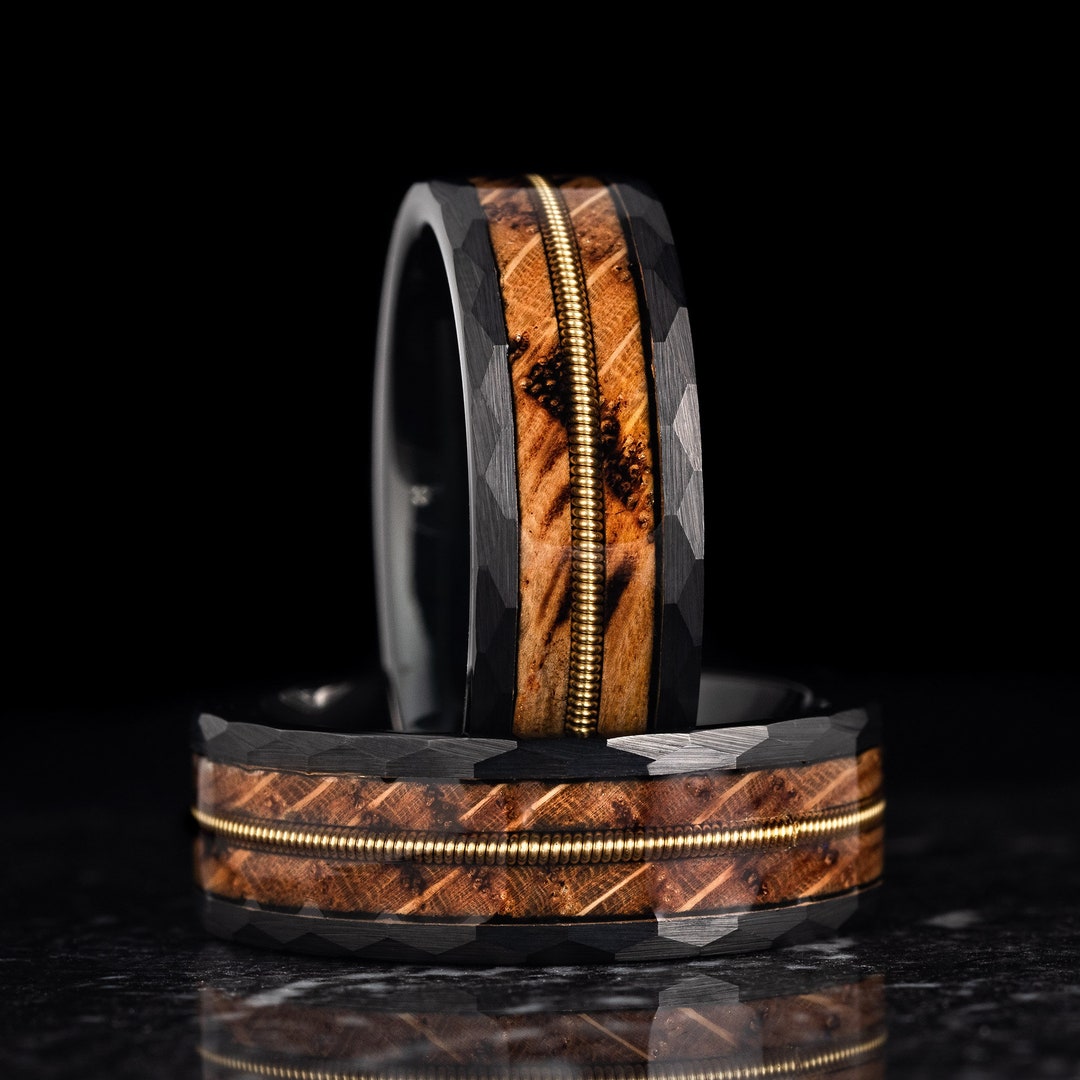 Black Hammered Tungsten Ring With Guitar String and Charred - Etsy
