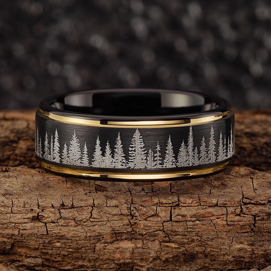 Fir Tree Forest Mens Wedding Band Nature Tungsten Ring Wedding Band ...