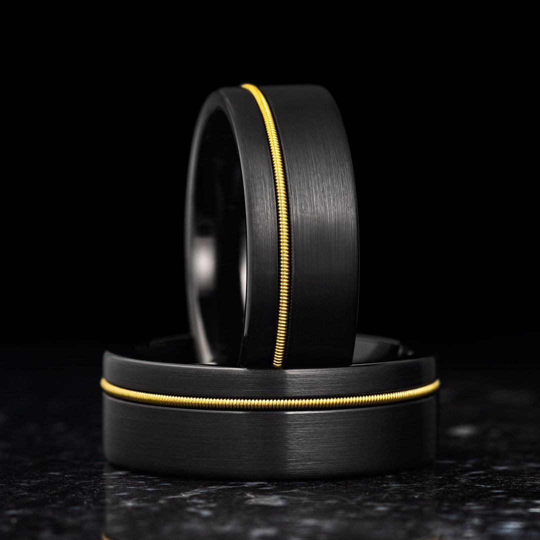 Gold Guitar String Tungsten Ring, Black Tungsten Ring, Gold Guitar ...