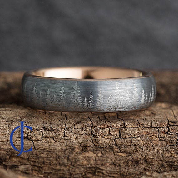 Pine Tree Forest Wedding Ring Rose Gold Tungsten Wedding - Etsy