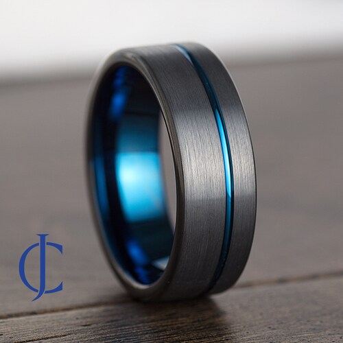 Male Tungsten Ring Blue Grey Wedding Band Men Women Comfort - Etsy