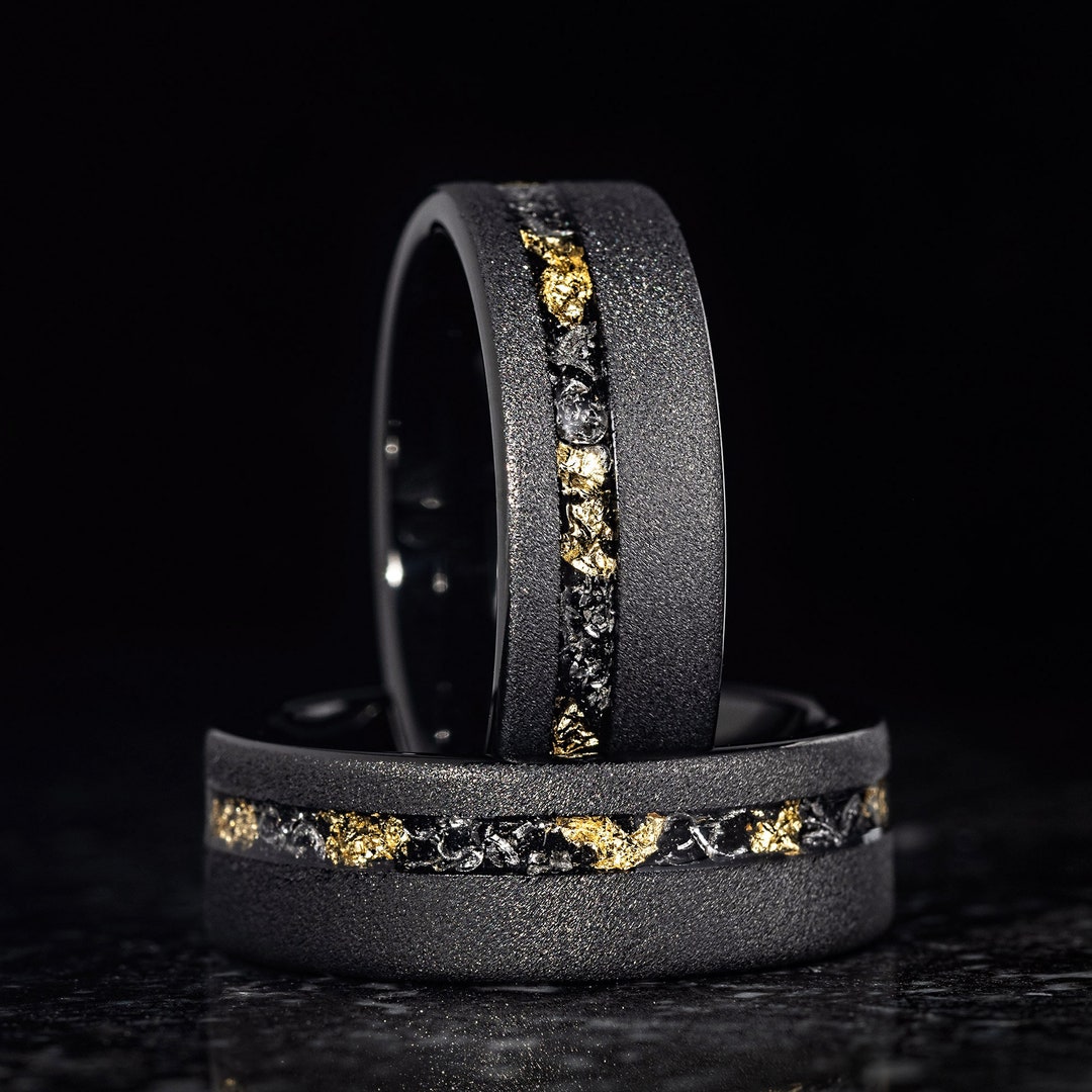 Meteorite and Gold Leaf Tungsten Ring, Black Tungsten Ring, Sandblasted ...