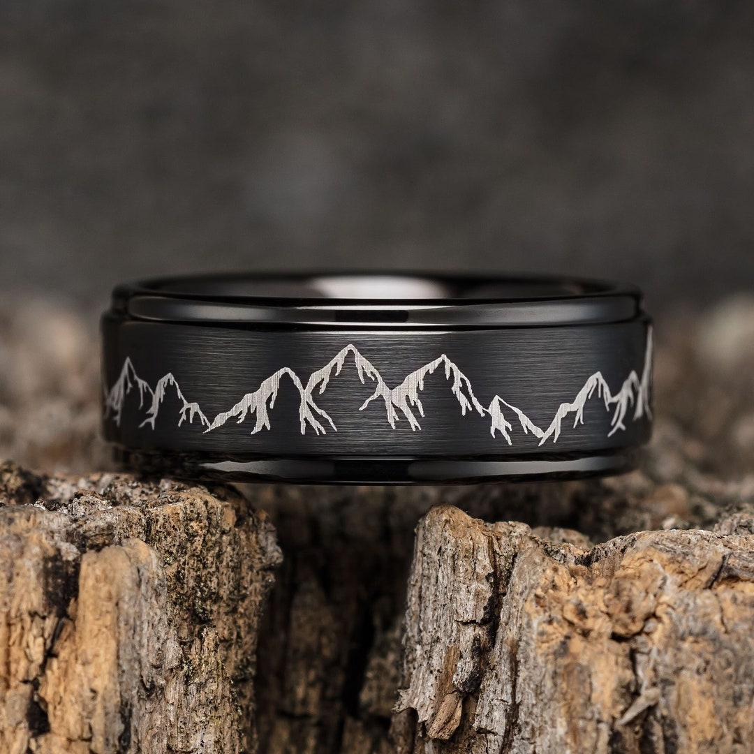 Mountain Range Ring - Tungsten, Black Mens Wedding Ring, Womens Wedding ...