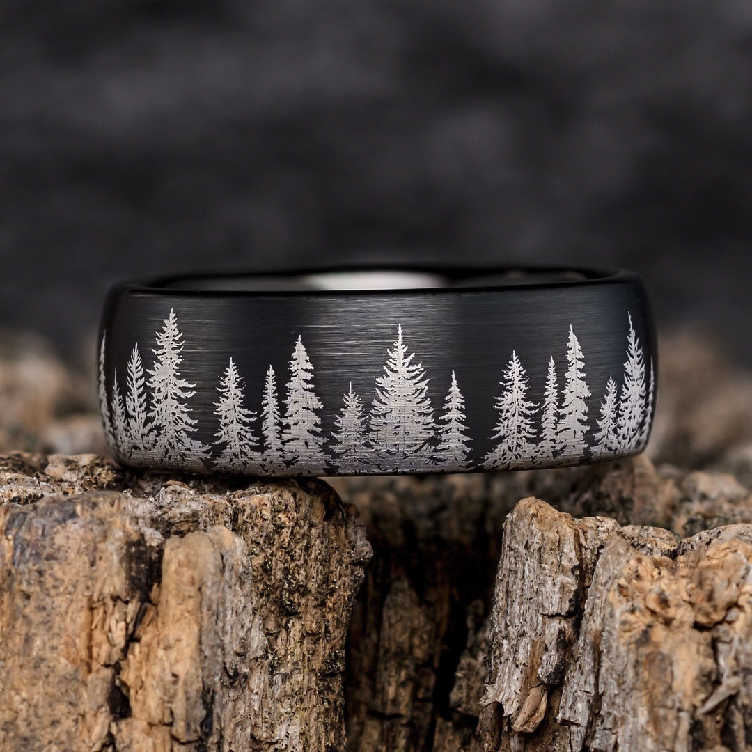 Fir Tree Forest Mens Wedding Band – Nature Tungsten Ring Wedding Band ...