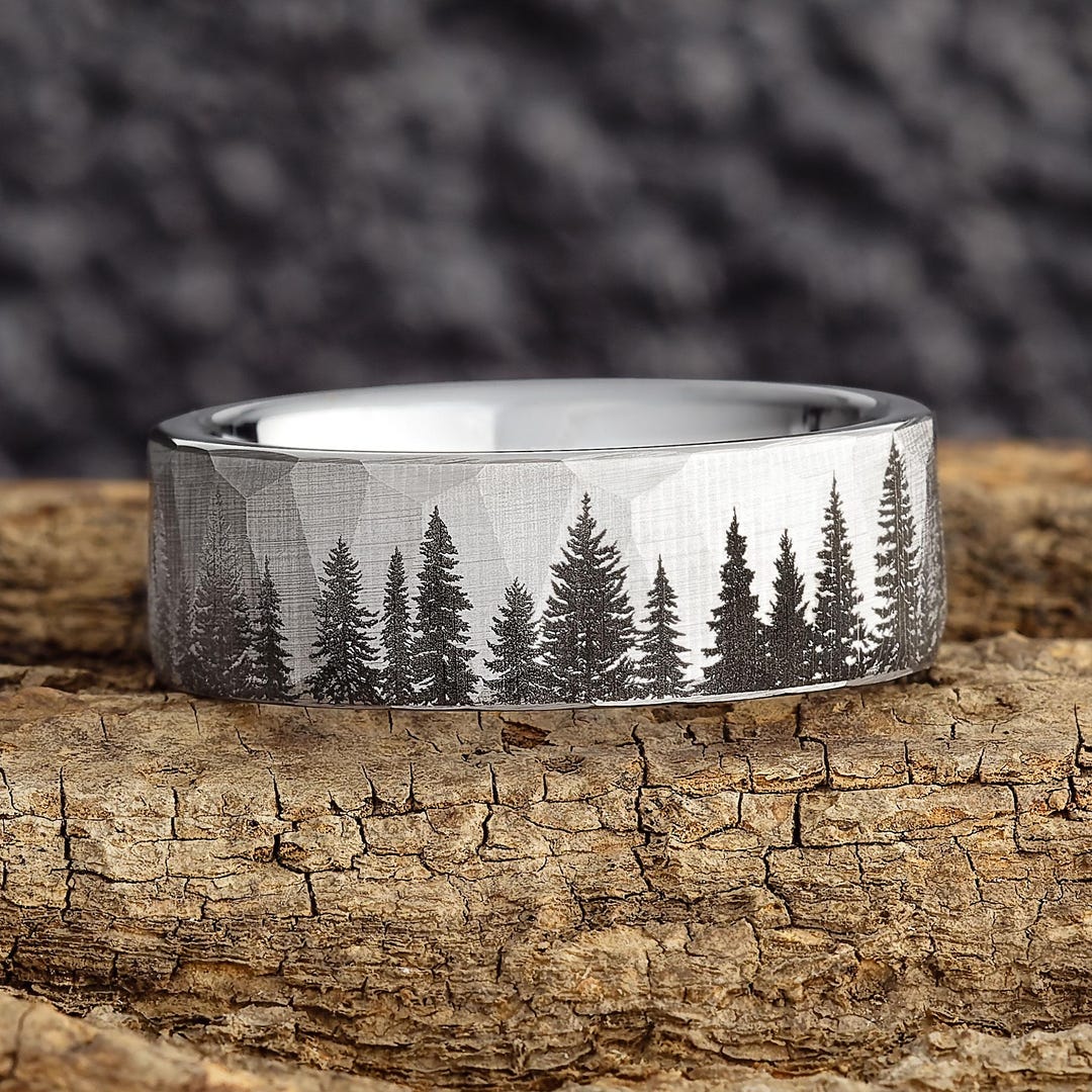 Fir Tree Forest Hammered Wedding Ring – Pine Tree Forest Mens Wedding ...