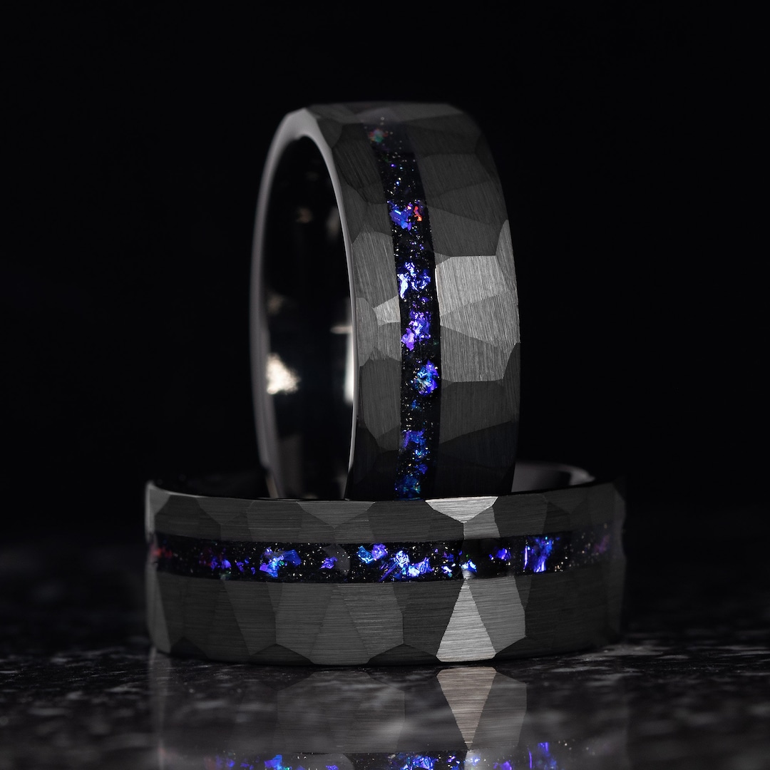 Trifid Nebula Ring, Black Tungsten Ring, Mens Ring, Hammered Mens ...