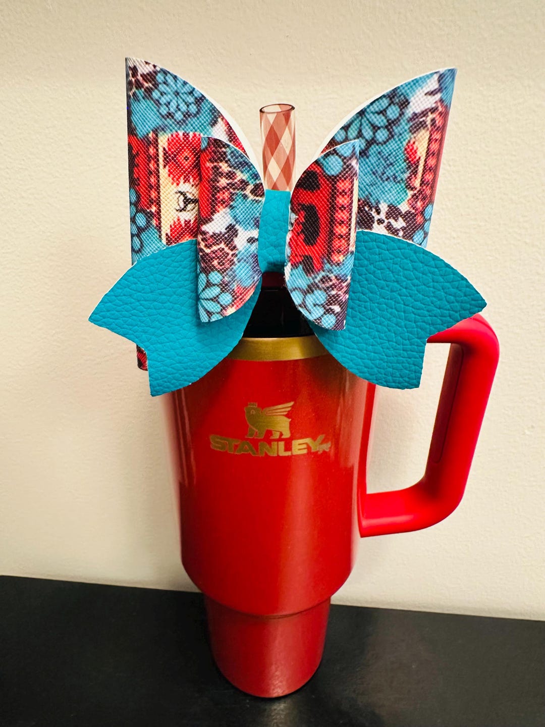 Geometric Flower Turquoise & Red Multi-color Stanley Straw Bow L ...