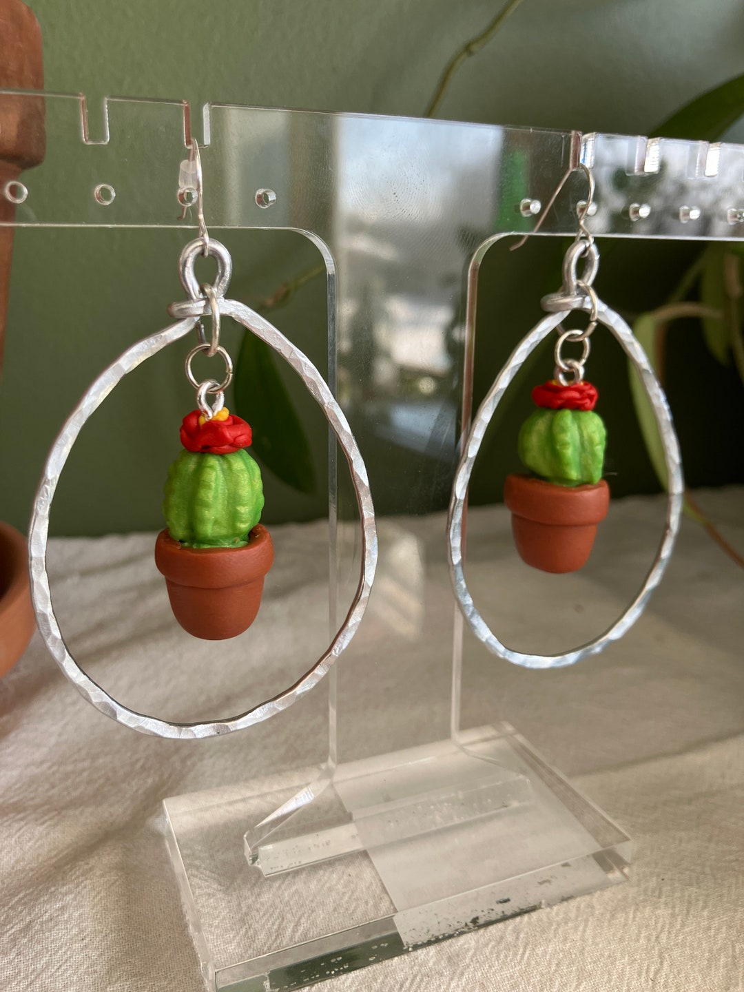 Cactus Hoop Earrings Hammered Metal Hoops With Tiny Barrel Cacti in ...