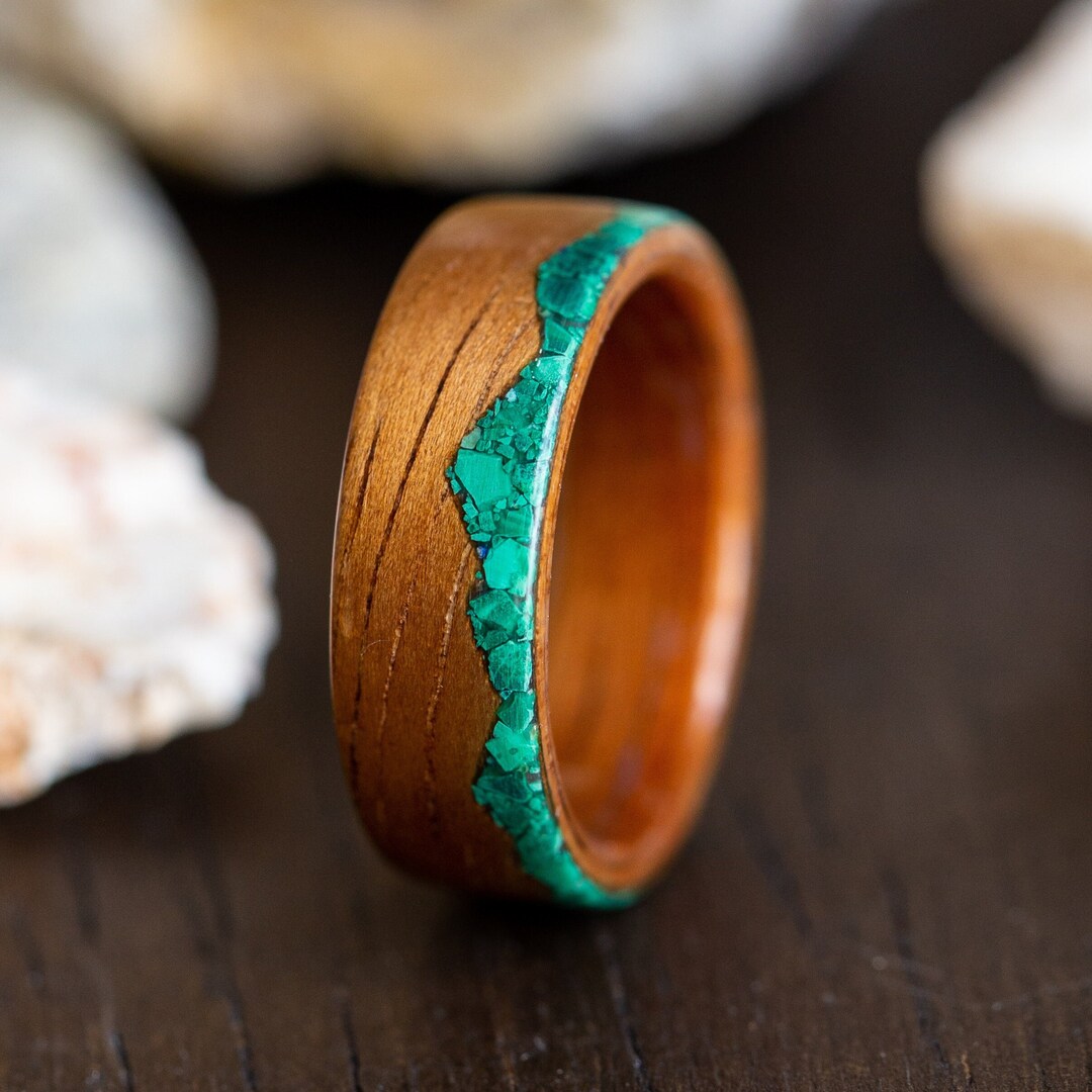Hawaiian Koa Wood Ring, Wood Inlay Ring, Malachite Wedding Band ...
