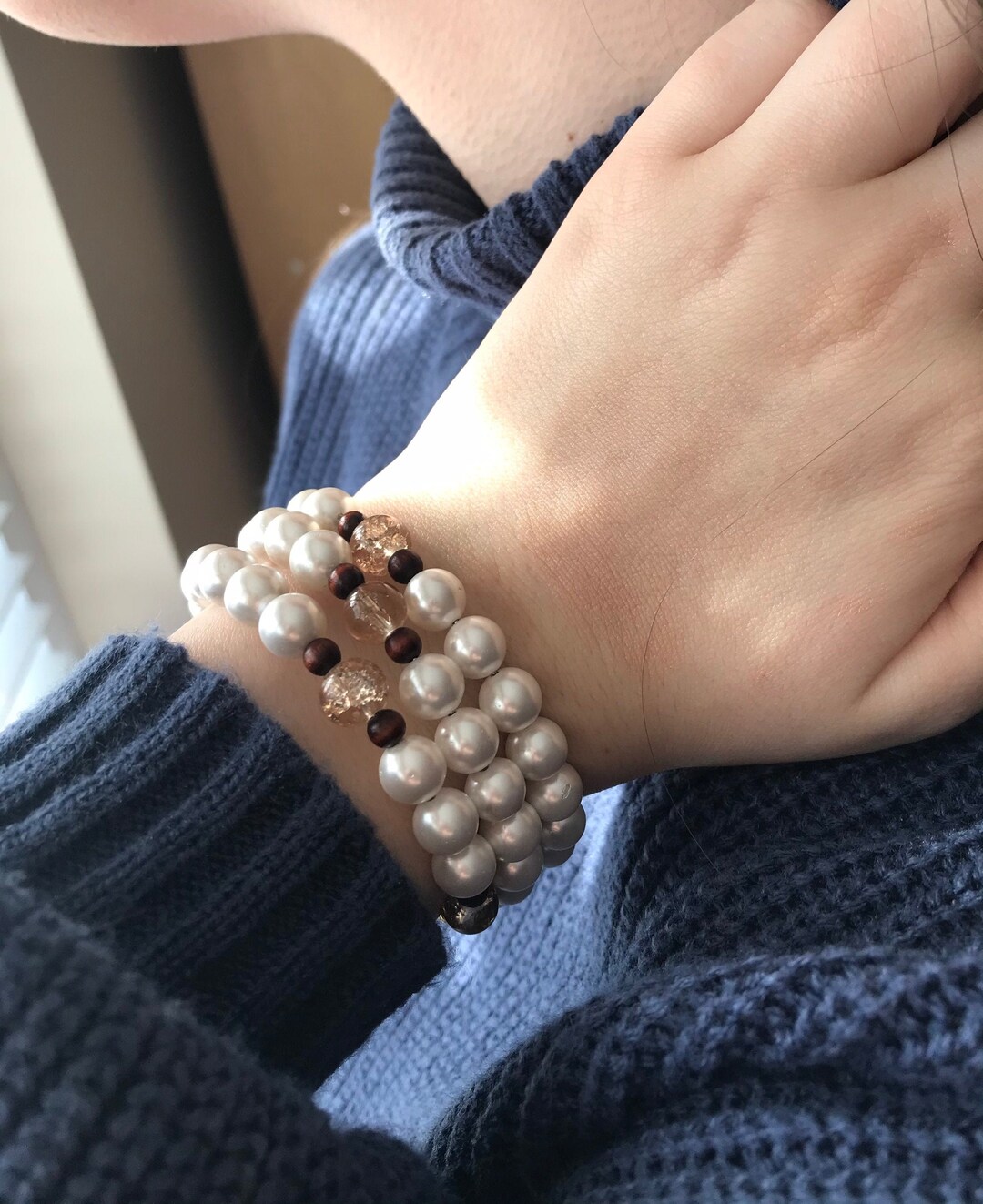 Shell Pearl and Gold Crackle Glass for Easter Full Rosary Bracelet ...
