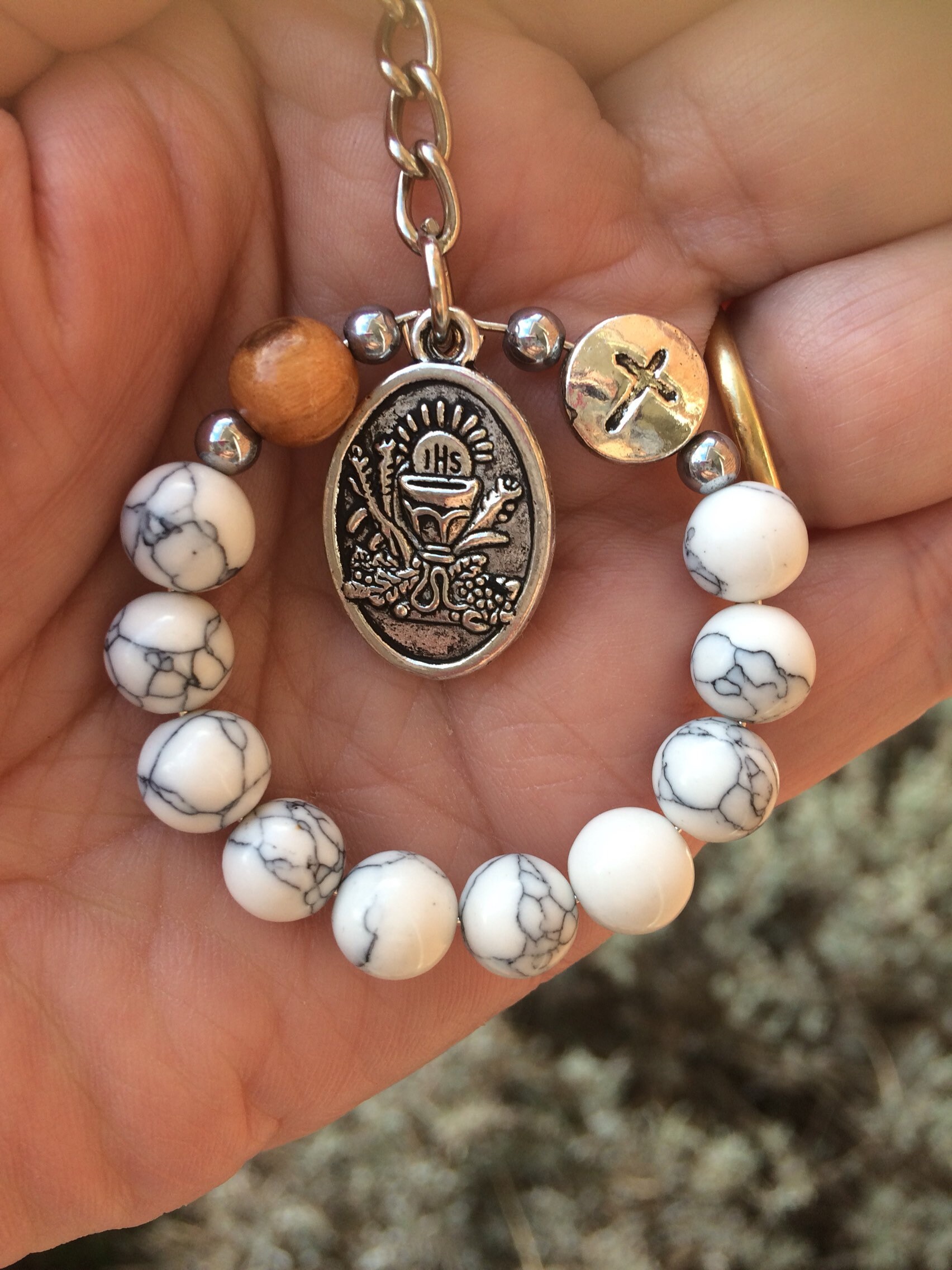 Rosary Keyrings-first Holy Communion-white Howlite and Olive - Etsy