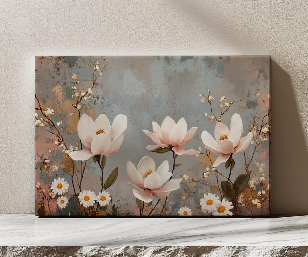 Magnolia Daisy Flowers Muted Vintage Painting Canvas Print, Neutral ...